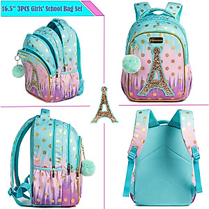 Egchescebo Girls Tower Reversible Sequin Backpack Set Magic Glitter Lightweight School Bookbag for Girls Kids Bling School Backpack 16" 3PCS Black Backpack with Lunch Box Set Blue