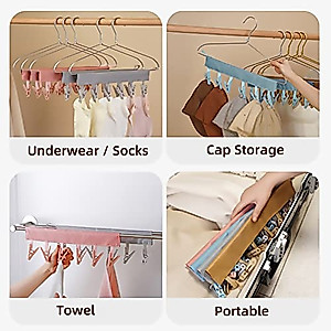 Pansyling 4PCS Foldable Travel Hanger Cloth Hanger Bathroom Towel Rack Clothespin Easy-to-Pack Laundry Clips Clothesline Portable Drying Hanger with 6 Clips for Socks Towels Underwear, Blue