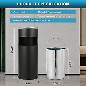 IRONWALLS Outdoor/Indoor Trash Can with Lid, Black Stainless Steel Garbage Can Waste Bin Receptacle Container, Commercial Trash Can Round with Removable Tray & Inner Bucket for Office, Patio, Home