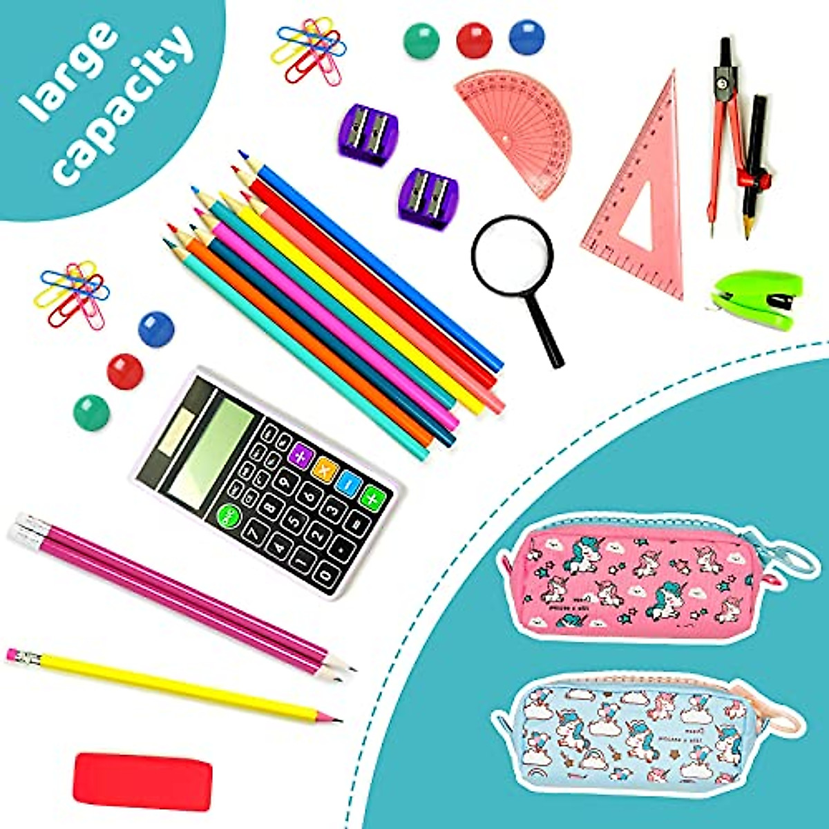 2 Pieces Unicorn Pencil Pouch Small Pencil Case School Pencil Bag Kids Pencil Pouch Cute Unicorn Pen Pouch Stationery Storage Bag Makeup Bag with Large Zipper for School Office Girls, Pink and Blue