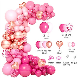 Amandir 162Pcs Pink Balloon Garland Arch Kit Hot Pink Rose Gold Confetti Metallic Heart Balloons for Minie Barbi Princess Party Decorations Girl Birthday Bridal Shower Wedding Supplies