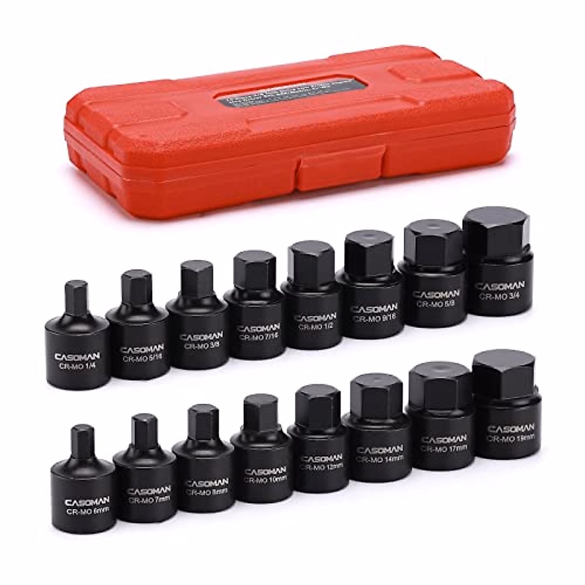 CASOMAN 16 Piece 3/8 Inch Drive Low Profile Impact Hex Driver Set, Cr-Mo, 1/4"-3/4", 6mm-19mm, Impact SAE and Metric Hex Bit Socket Set