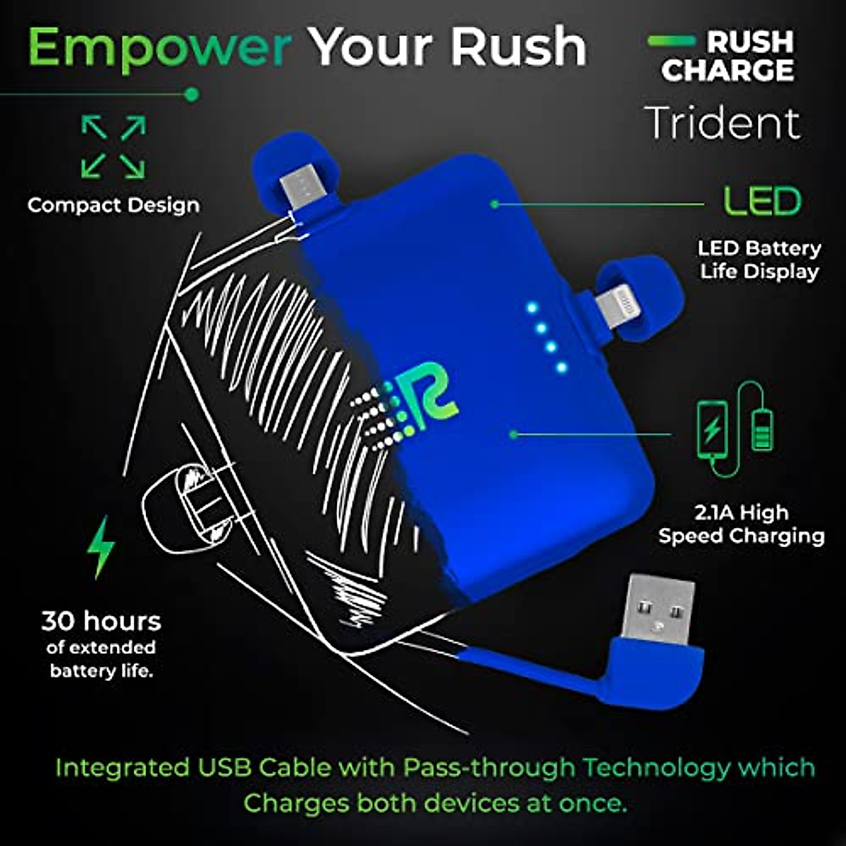 Rush Charge Wireless Power Bank (Black) – Trident 3-in-1, 4000mAh Portable Battery Bank for Samsung, iPhone, Earbuds, & More - Micro USB, Lightning, & USB C Power Bank – Travel Slim Power Bank