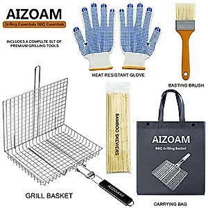 AIZOAM Grill Basket Stainless Steel BBQ Grilling Basket Large Folding Grill Basket with Removable Handle. Grill Basket for Fish,Vegetables Great Useful BBQ Accessories Grilling Gifts for Men Dad
