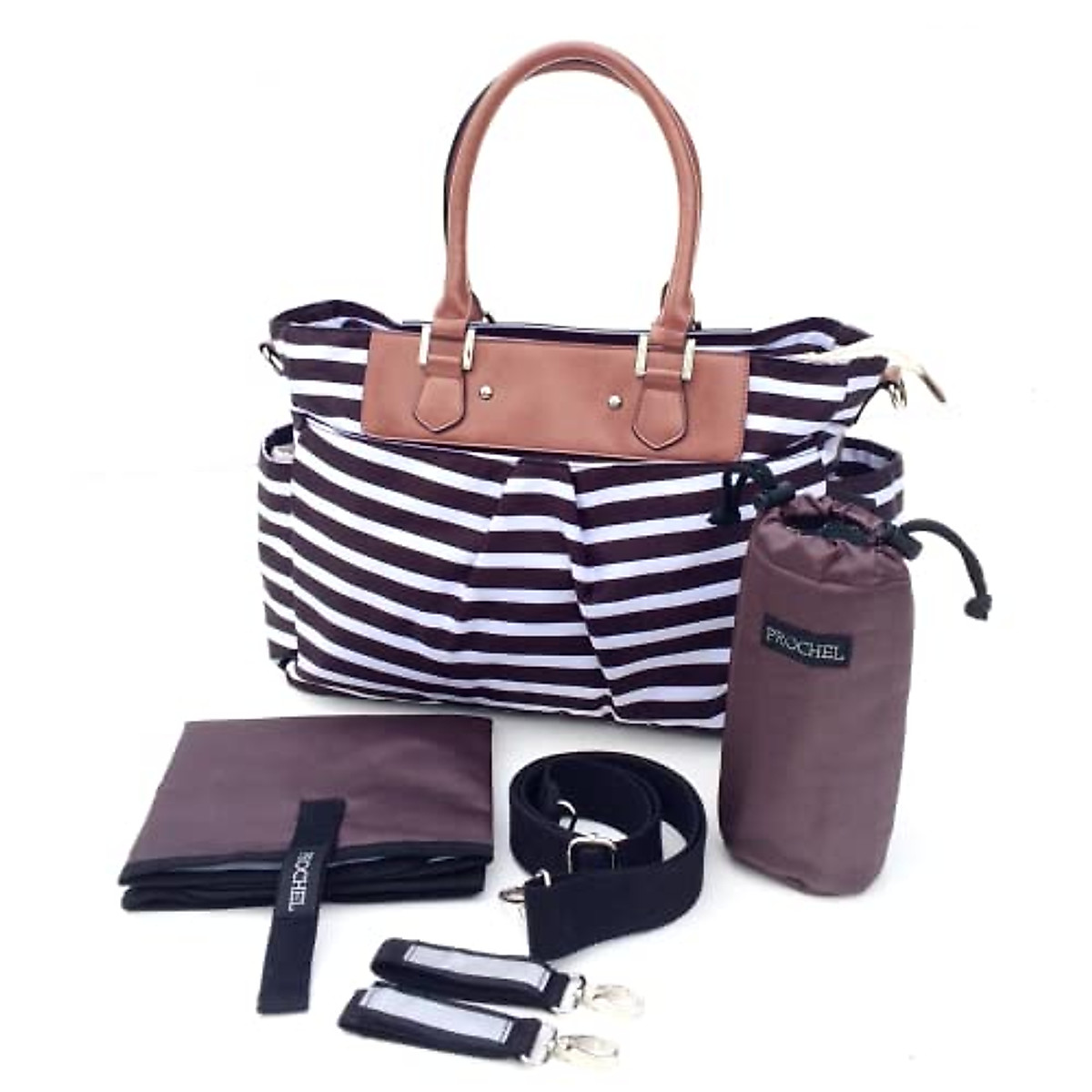 Prochel Diaper Bag Set Striped Crossbody Shoulder Tote Purse Black White (Pink)