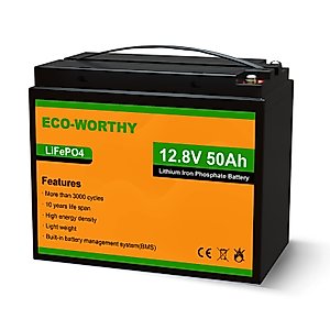 ECO-WORTHY 12V 50Ah LiFePO4 Lithium Battery 3000+ Cycles Rechargeable Iron Phosphate Battery Built-in BMS, Perfect for Travel Trailer, Trolling Motor, RV, Marine, Solar, Power Wheel Chair Group 22NF