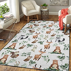 Baby Woodland Animals Green Leaves Area Rugs Bear Deer Owl Bunny Raccoon Squirrel Boho Leaf Throw Mat Floor Carpet Bath Mat for Toddler Nursery Bedroom Nursery Bathroom Living Room Kitchen 20x32inch