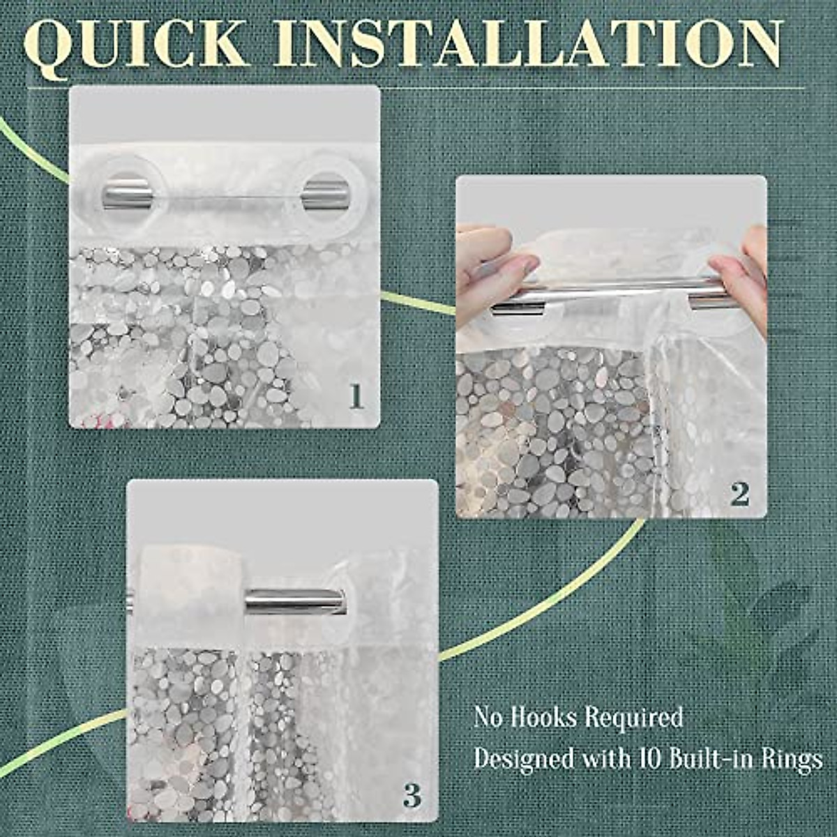 ABLUEN No Hook Shower Curtain or Liner - 8G Heavy Duty Cobblestone Bathroom Shower Curtain No Hooks Required, Waterproof Plastic & PVC Free, Standard Size 71 x 74, Pebble