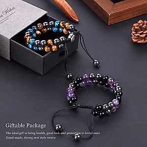 Amethyst Bracelet Triple Protection for Women Men, Purple Crystal Stone Bracelet Combine Hematite Black Obsidian, Enhance charisma and luck And Happiness, Handmade Bead Jewelry Bracelet