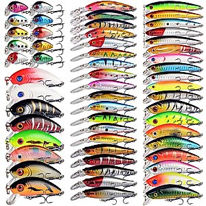 Aneew Bulk 56 Pack Topwater Fishing Bass Lures Kit Tackle Crankbait Swimbaits Jerkbaits Minnow Popper Pencil Vib Hard Baits Trout Pike Musky Walleye Perch Treble Hook Freshwater Saltwater