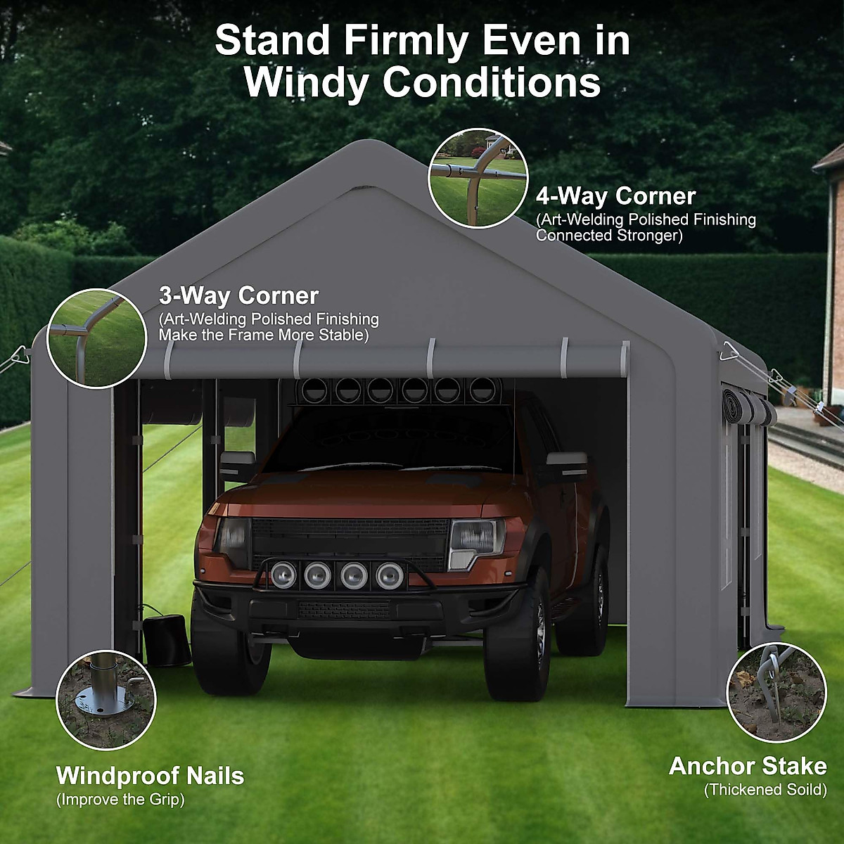 Carport 10x20ft Heavy Duty Portable Garage，Upgraded Carport with 4 Roll-up Doors & 4 Ventilated Windows, Reinforced Steel Poles, UV Resistant All-Season Waterproof Tarp, for Car, Truck, Boat