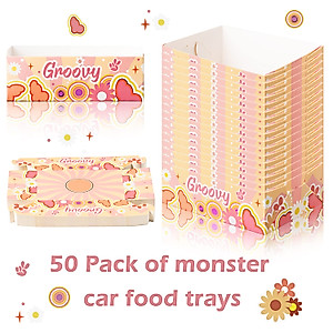 BkeeCten 50PCS Groovy Retro Hippie Party Favors Food Tray Boho Daisy Flower Disposable Paper Food Boat Groovy Rainbow Nacho Hot Dog Food Serving Tray for Girls Birthday Baby Shower Picnic Supply