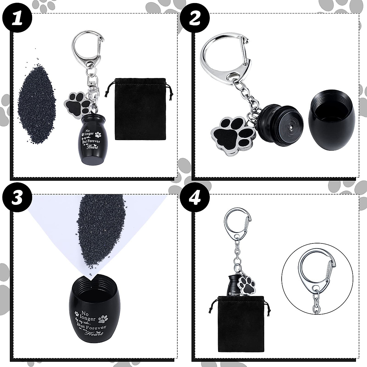 Batiyeer 4 Pcs Pet Urns Keychain for Dogs Ashes Keepsake Stainless Steel Small Pet Cremation Keepsake for Dogs Cats Ashes with Black Velvet Storage Bags, Puppy Cremation Jewelry Paw Charm