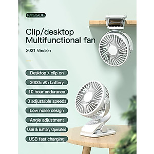 MISSUE Clip On Desk Fan, Baby Safe Stroller Fan, USB & Battery Operated Fan with 3 Speed for Men, Women, 3000 mAh Rechargeable Battery Include