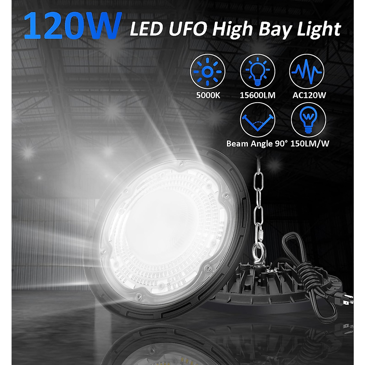 2 Pack LED High Bay Light 120W,5000K UFO Lighting with Steel Safety Rope, IP65 Waterproof Commercial LED Warehouse Lights for Shop Warehouse Factory etc. (with US Plug 5ft Cable)