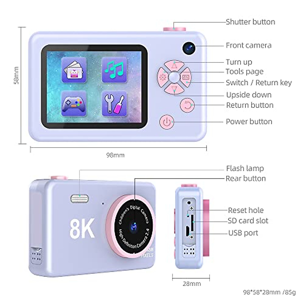 Digital Camera for Kids Girls Boys- 48MP Kids Camera with 32GB SD Card, Full HD 1080P Front and Rear Cameras Rechargeable Mini Camera for Students, Teens, Kids - Purple