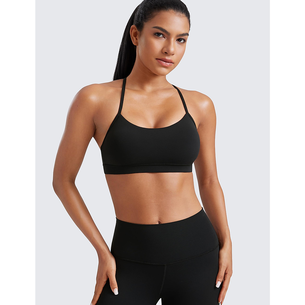 CRZ YOGA Butterluxe Womens Y Back Sports Bra - Padded Racerback Low Impact Spaghetti Thin Strap Workout Yoga Top Black Medium