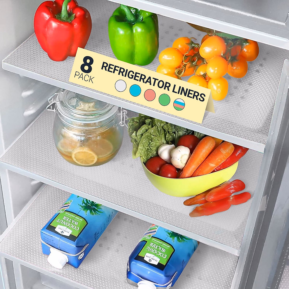 Refrigerator Liners for Shelves (8 Pack) by Linda’s Essentials | Easy to Clean Fridge Liner with Spill Protection Refrigerator Shelf Liners & Drawer Liner | Nonslip BPA-Free Refrigerator Mats (Clear)