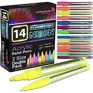 14 Pack Neon UV Fluorescent Acrylic Paint Pens, Double Pack of Both Extra Fine and Medium Tip Paint Markers, for Rock Painting, Mug, Ceramic, Glass, and More, Water Based Non-Toxic and No Odor