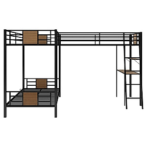 DEYOBED Twin Over Twin Metal L-Shaped Triple Bed Bunk Bed with Twin Size Loft Bed, Desk and Shelf for Kids Teens Adults