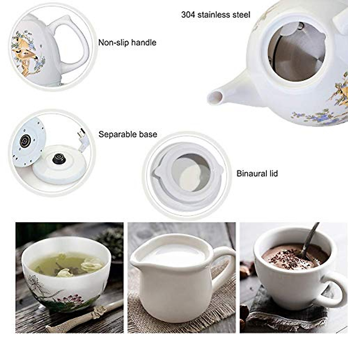 FairUo Kettles, Ceramic Electric Kettle Cordless Water Teapot Teapot-Retro 1L Jug 1000W Water Fast for Tea, Coffee, Soup, Oatmeal-Removable Base Automatic Power off Boil Dry Protection