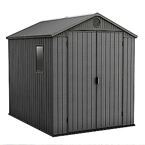 Keter Darwin 6 x 8 Foot Spacious Heavy Duty Storage Shed for Organizing Garden Accessories and Outdoor Tools with Double Doors and High Ceiling, Gray