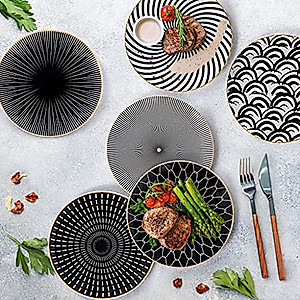 Sanbege 6 Pcs Porcelain Salad Plates, 8" Ceramic Serving Plates, Mix Match Dishes for Sandwich, Pasta, Steak, Dessert (Black and White)