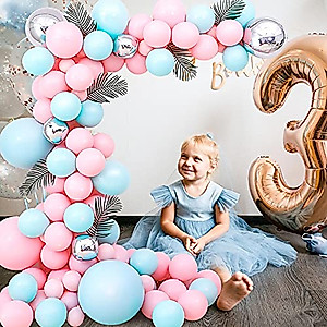 117Pcs Party Balloons Decoration Set, Pink Blue Balloon Silver 4D Balloon with Sunflower leaves for Baby Shower, Wedding, Birthday, Graduation, Anniversary Party