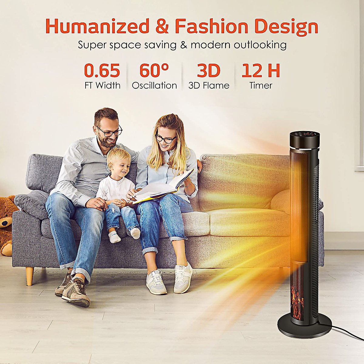 Air Choice 36" Space Heater for Large Room, 1500W PTC Electric Heater for Indoor Use, 4 Modes & Adjustable Thermostat, 3D Flame, 12H Timer, Oscillating, Remote Control, Tower Heater for Office Bedroom