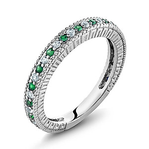 Gem Stone King 925 Sterling Silver Green Simulated Emerald and White Created Sapphire Ring | Anniversary Wedding Band Ring For Women | 0.48 Cttw | Available In Size 5, 6, 7, 8, 9