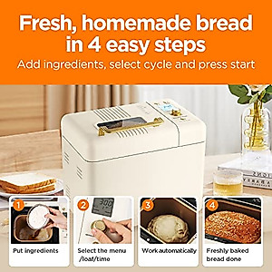 Neretva Bread Maker Machine, 15-in-1 2LB Automatic Breadmaker with Gluten Free Sourdough Setting, Auto Nut Dispenser, Digital, 1 Hour Keep Warm, 2 Loaf Sizes, 3 Crust Colors - Receipe Booked Included