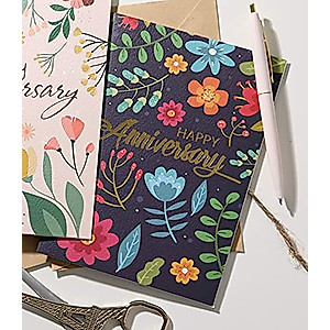 Anniversary Card - Gold Foil Multicolored Floral Dark Blue Textured Greeting Card with Kraft Envelope - 5" x 7" - Happy Anniversary Card For Couple, Valentine, Employee, Him or Husband - Blank Inside