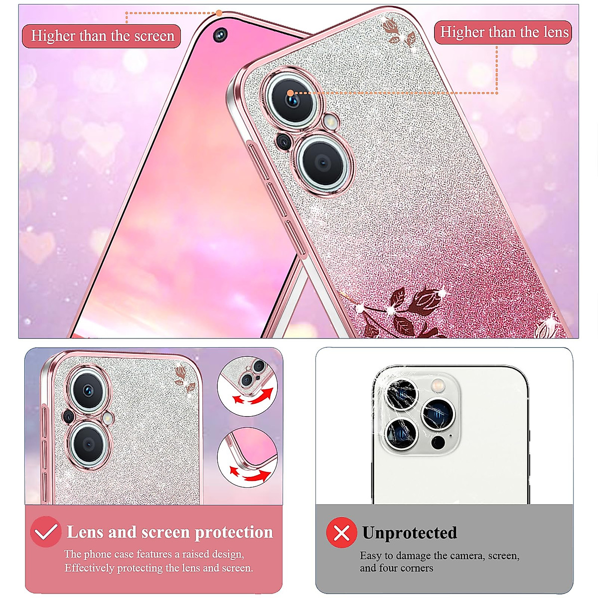 Yarxiawin for Oneplus Nord N20 5g Case Clear Glitter Glossy, Aesthetic Oneplus Nord N20 5g Phone Case Silicone Soft Flower Shockproof Oppo Reno 8 Lite 5g Cover Purple Slim (Pink)