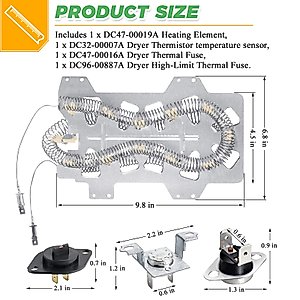 【Upgraded】DC47-00019A Dryer Heating Element for Samsung Dryer DV40J3000EW/A2 DV42H5000EW/A3 DV45H7000EW/A2 DV48H7400EW/A2 - Includes DC32-00007A Dryer Thermistor DC47-00016A DC96-00887A Thermal Fuse
