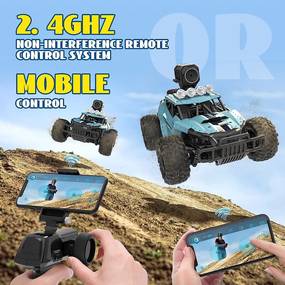 DEERC DE65 Remote Control Car with 1080P HD Camera,1:16 Scale RC Cars with LED Chassis Light&Headlights, 2.4Ghz High Speed Monster Truck Toy Vehicle, 2 Batteries for 60 Mins Play, Gift for Kids Boys