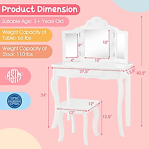Costzon Kids Vanity, Girls Vanity Set with Mirror and Stool and Lights, Drawer, 2 in 1 Wooden Princess Makeup Desk Dressing Table, Toddler Vanity, Pretend Play Kids Vanity Table and Chair Set (White)
