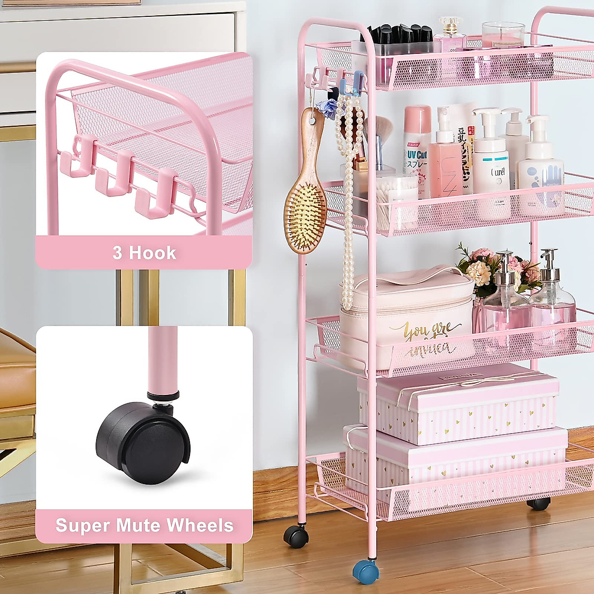 TOOLF 4-Tier Rolling Cart, Metal Utility Cart with 3 Hooks, Easy Assemble Mobile Storage Trolley On Wheels, Slide Out Shelving Units Kitchen Bathroom Laundry Room