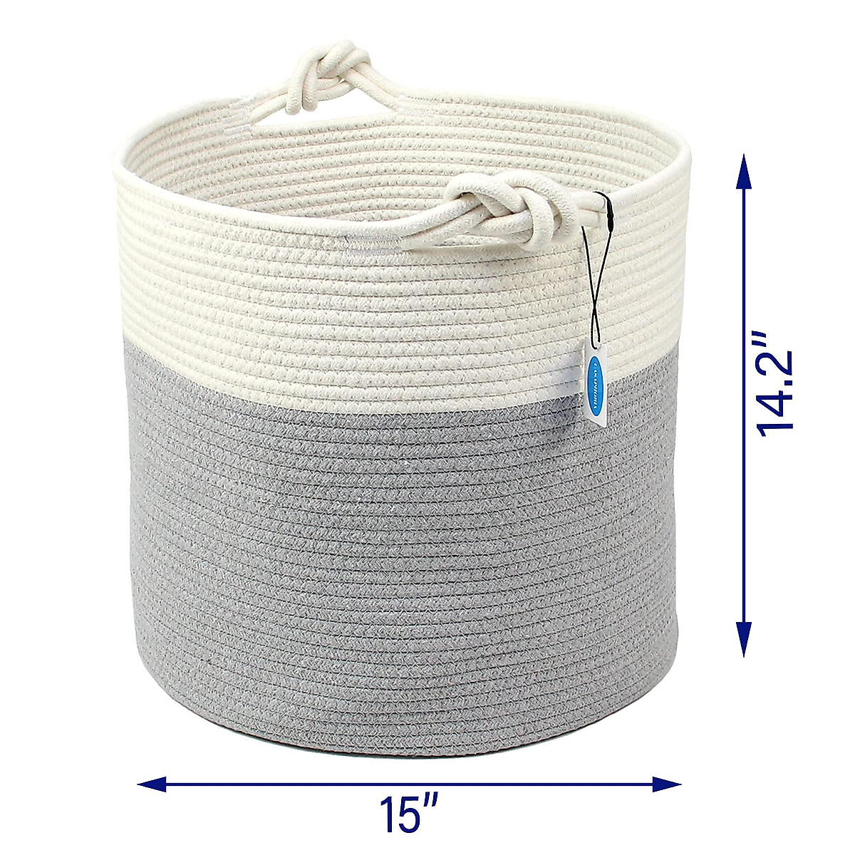 Casaphoria Woven Cotton Rope Basket with Handle for Bedroom,Round Storage Basket for Bathroom,Large Blanket Basket for Living Room,Tall Laundry Hamper Woven for Laundry,Light Gray