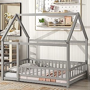 ZJIAH Full Size Floor Bed for Kids, Montessori Bed Frame Full Size with Fences, Wood Full Floor House Beds with Safety Guardrails for Teens Girls and Boys, No Box Spring Needed
