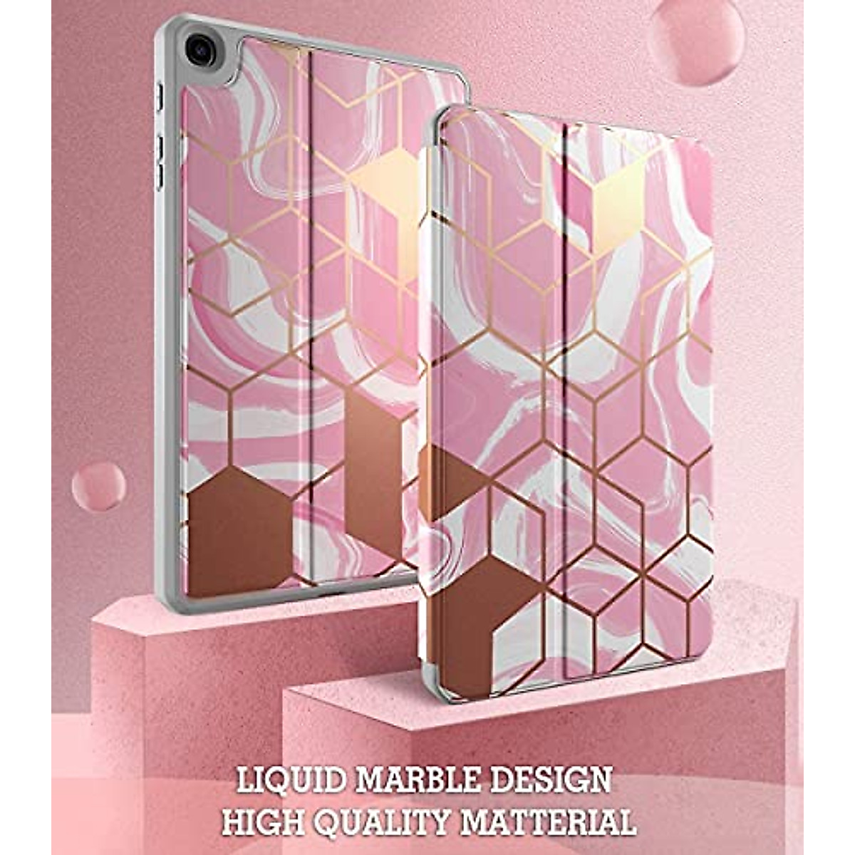 Popshine Marble Series Designed for Samsung Galaxy Tab A 10.1 2019 Case, Model SM-T510/T515, Full Body Premium 360 Degree Protective Folio Cover with Built-in Screen Protector, Liquid Marble Pink