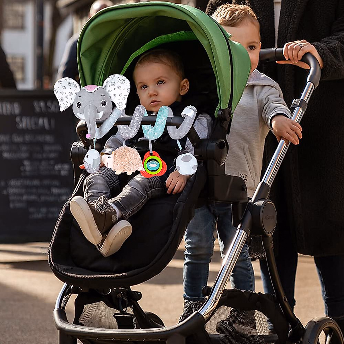 Baby Car Seat Toys, Hanging Stroller Toys for Baby 0-6 Months Infants Activity Spiral Toys with Musical Owl Rattles Hedgehog Beep Ladybug Squeaker - Gray Elephant Toys for Newborn Baby 0 3 6 12 Months