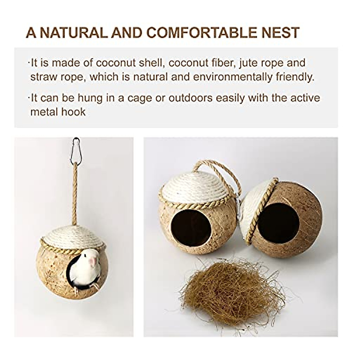 Bird House with Coconut Woven Straw, Natural Coconut Bird Cage with Woven Cover，Bird Nest for Parrot, Hamster, Squirrel, Rat, Lovebird, Finches