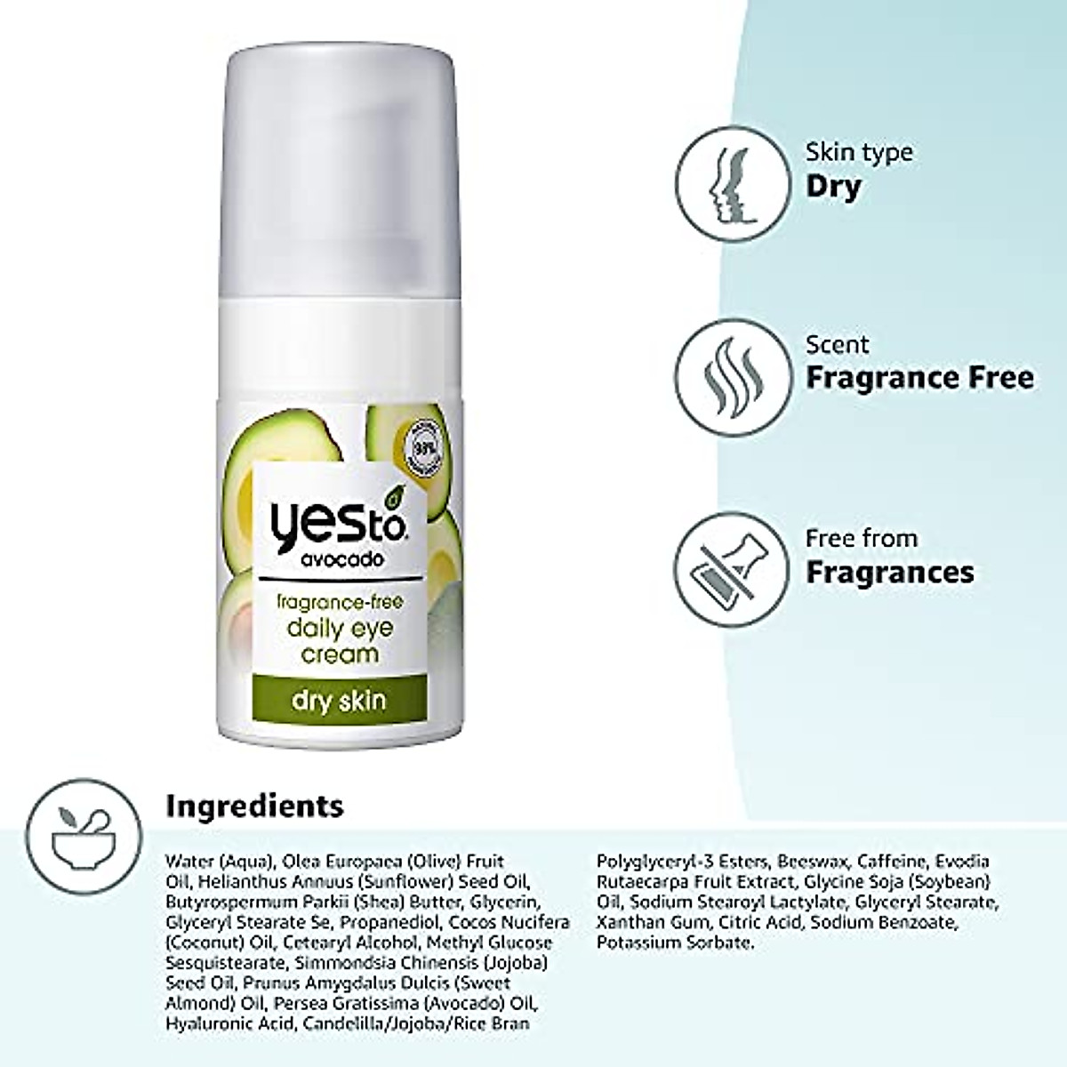 Yes To Avocado Daily Eye Cream, Fragrance-Free, Hydrating & Smoothing, with Hyaluronic Acid & Omega 3, 0.5 Fl Oz