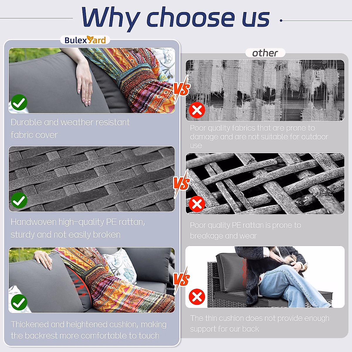 BULEXYARD Grey PE Wicker Patio Furniture Sectional Conversation Sofa Set with 43" Propane/Natural Gas Fire Pit Table, Large Size High Back Outdoor Furniture Set with Fireplace(7Pcs, Dark Grey)