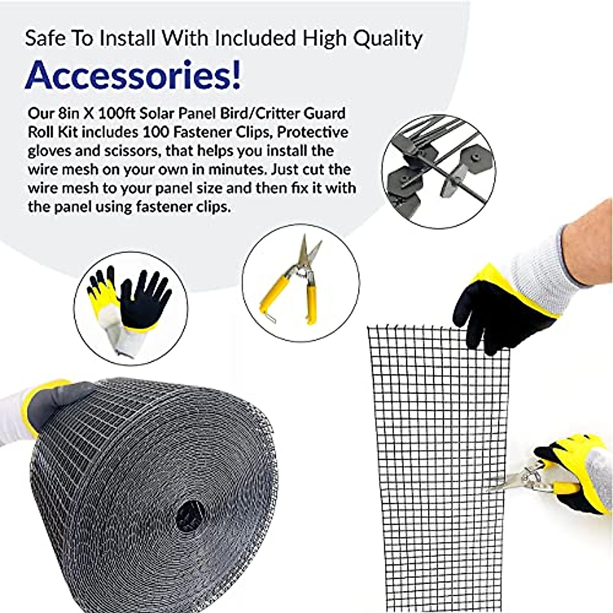 SAMU Critter Guard 8in x 100ft Premium Solar Panel Squirrel Barrier with 100 Nylon Plastic Fastener Clips - Wire Mesh Panels PVC Coated Galvanized Steel Solar Panel Bird Wire Screen Protection