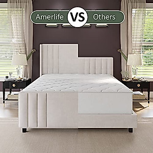 Amerlife Queen Size Bed Frame, Velvet Upholstered Platform Bed with Vertical Channel Tufted Headboard & Footboard/Wingback, Mattress Foundation with Wood Slats, No Box Spring Needed, Cream