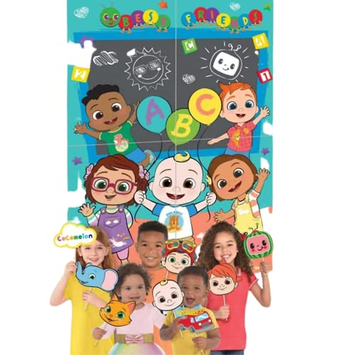 Coco Melon Theme Party Decorations - Decor Kit Of 4 Piece Scene Setter 12 Banner Swirls 7 Table Centerpieces 12 Photo Booth Props And 24 Confetti Pieces For A Cocomelon Kids Decoration