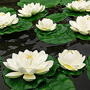16Pcs Artificial Floating Pool Flowers, Ivory White Plastic Lotus Flower with Water Lily Pads, Pond Pool Lotus Ornaments for Patio Garden Aquarium Home Party Wedding Decor