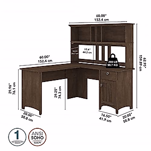 Bush Furniture Salinas L Shaped Desk with Hutch in Ash Brown | Corner Table with Drawers and Storage for Home Office