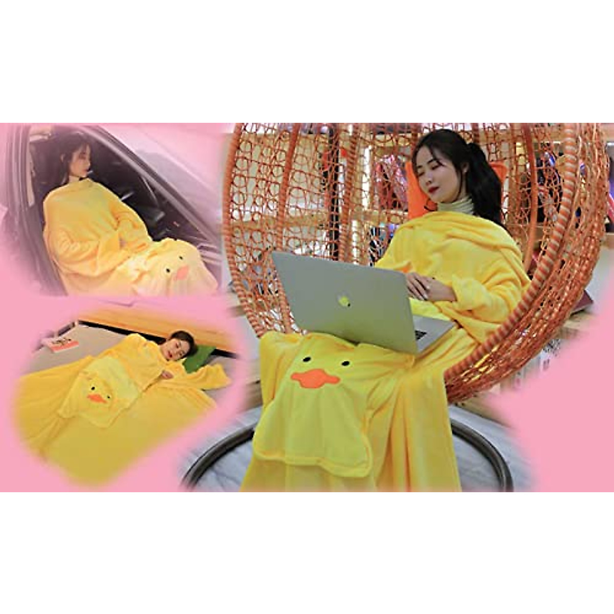 Lee My Plush Wearable Blanket with Sleeves Pocket and Hat, Extra Long Warm Soft and Cozy Functional Cartoon Travel Blanket, Warm and Comfortable Travel Pillow and Blanket Set, duck-35x35cm/14x14in